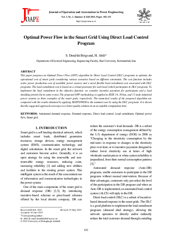 (PDF) Optimal Power Flow in the Smart Grid Using Direct Load Control Program | Hamdi Abdi ...