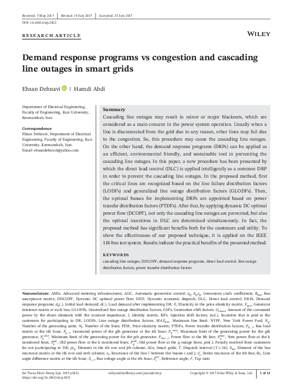 (PDF) Demand response programs vs congestion and cascading line outages ...