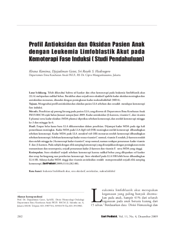(PDF) Profil Antioksidan dan Oksidan Pasien Anak dengan Leukemia ...