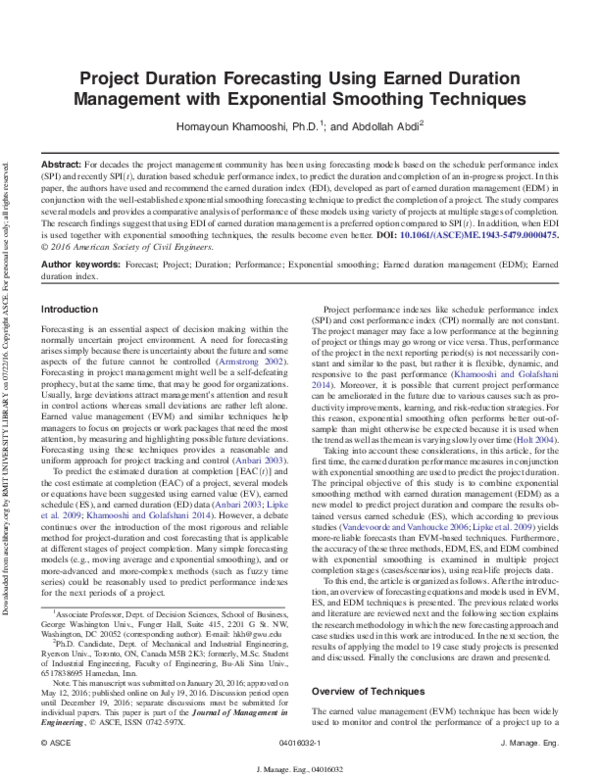 Pdf Project Duration Forecasting Using Earned Duration Management With Exponential Smoothing
