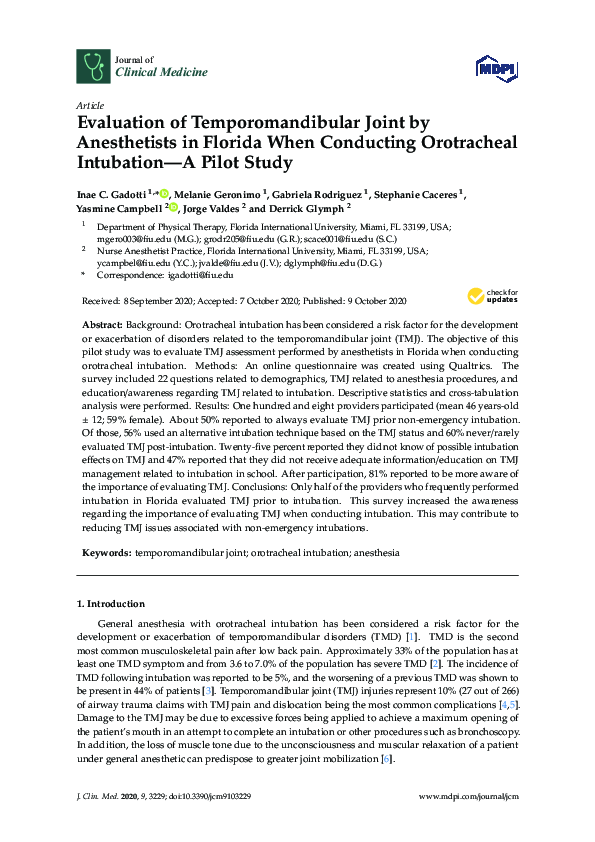 (PDF) Evaluation of Temporomandibular Joint by Anesthetists in Florida ...