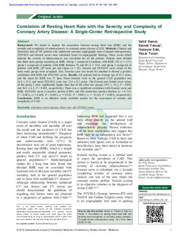 (PDF) Correlation of resting heart rate with the severity and complexity of coronary artery ...