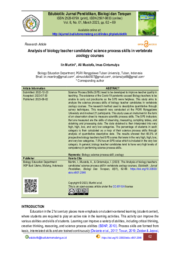 (PDF) Analysis of biology teacher candidates' science process skills in ...