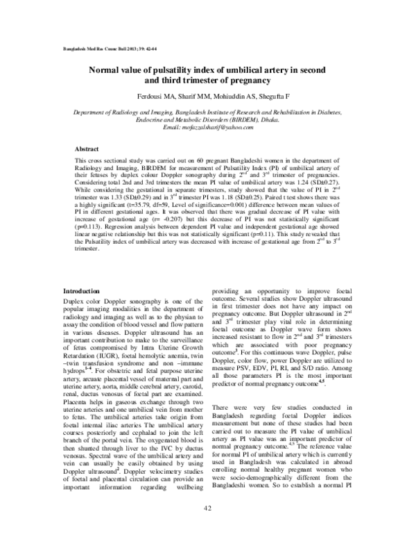 (PDF) Normal value of pulsatility index of umbilical artery in second ...
