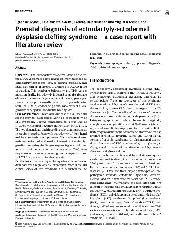 Pdf Prenatal Diagnosis Of Ectrodactyly Ectodermal Dysplasia Clefting Syndrome ‒ A Case Report