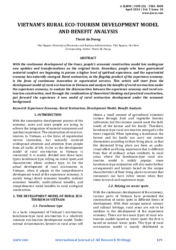 (PDF) VIETNAM'S RURAL ECO-TOURISM DEVELOPMENT MODEL AND BENEFIT ANALYSIS