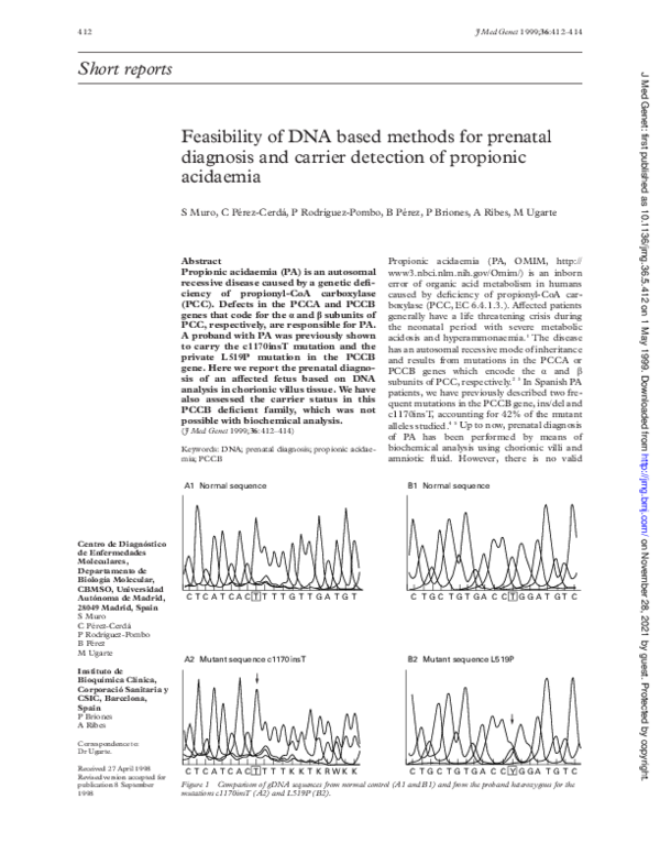 (PDF) Feasibility of DNA based methods for prenatal diagnosis and carrier detection of propionic ...