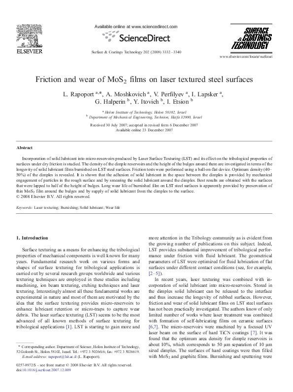 (PDF) Friction and wear of MoS2 films on laser textured steel surfaces ...