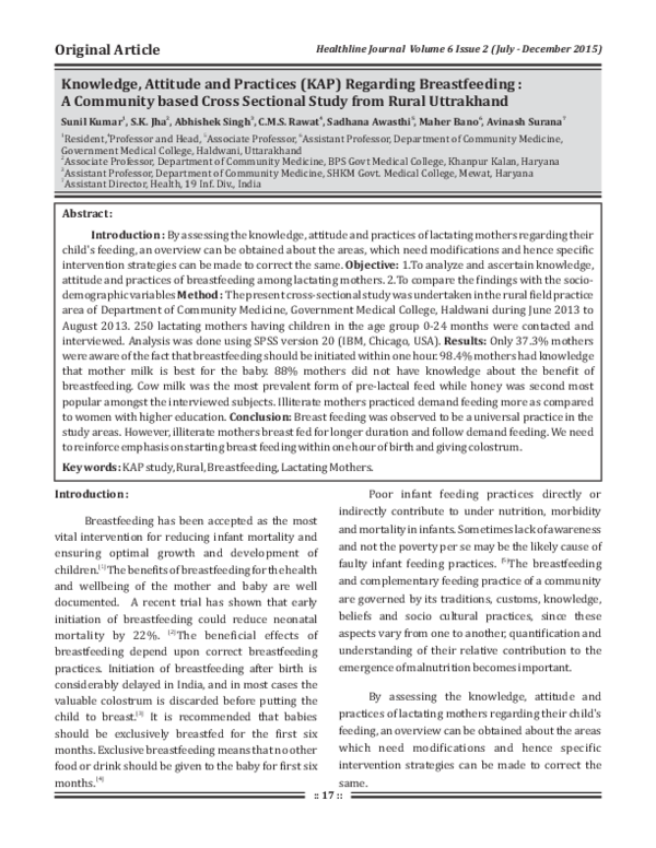 (PDF) Knowledge, attitude and practices (KAP) regarding breastfeeding: a community based cross ...