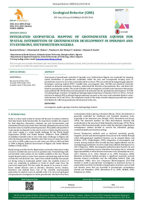 (PDF) Integrated Geophysical Mapping of Groundwater Aquifer for Spatial ...