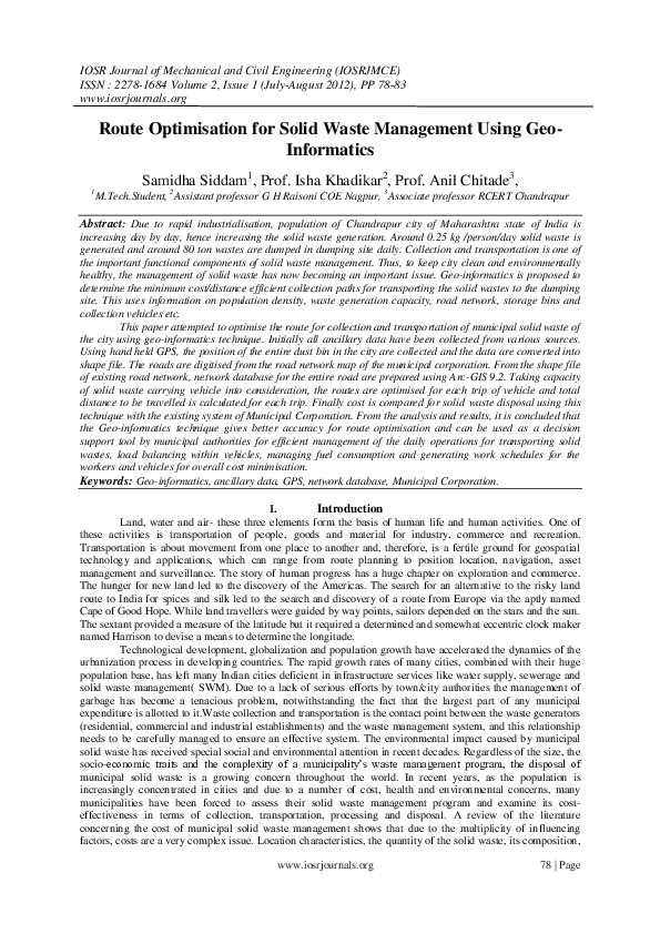 (PDF) Route Optimisation for Solid Waste Management Using GeoInformatics