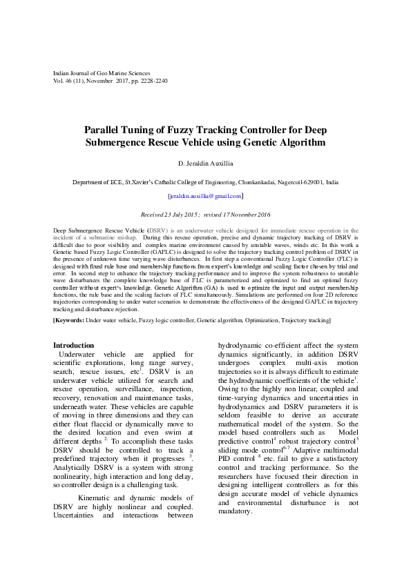 Pdf Parallel Tuning Of Fuzzy Tracking Controller For Deep Submergence Rescue Vehicle Using