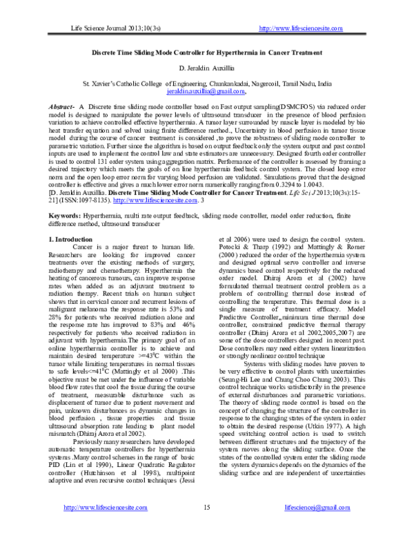 Pdf Discrete Time Sliding Mode Controller For Hyperthermia In Cancer Treatment