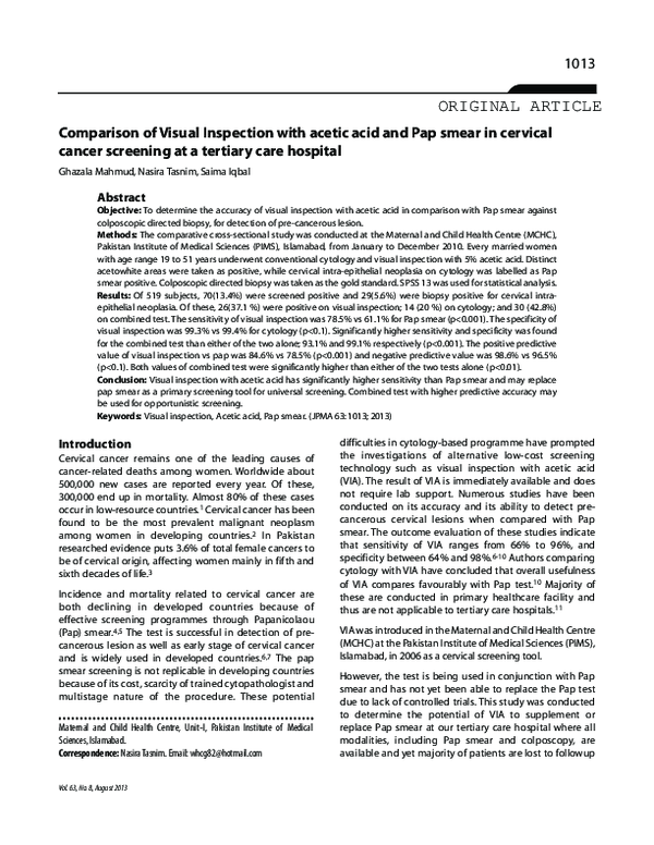 (PDF) Comparison of Visual Inspection with acetic acid and Pap smear in ...