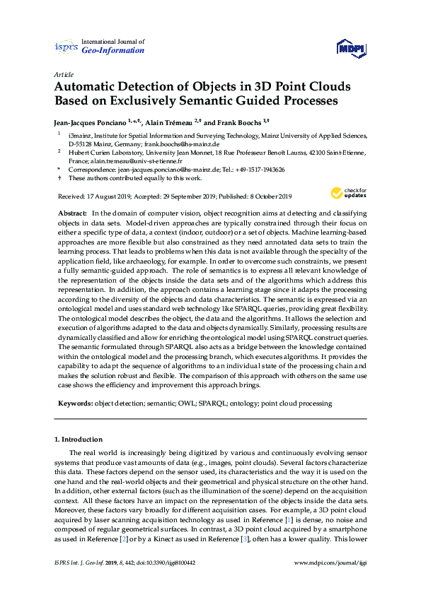 Pdf Automatic Detection Of Objects In 3d Point Clouds Based On