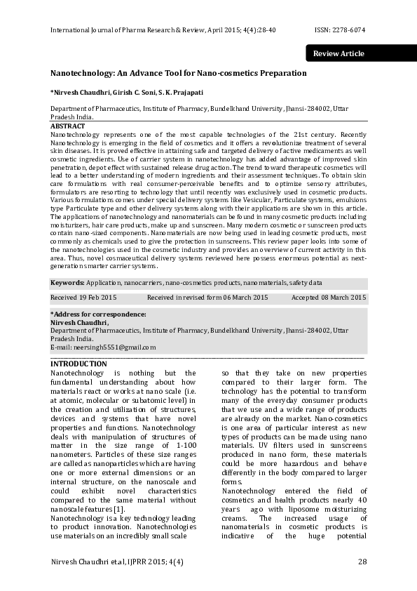 (PDF) Nanotechnology: An Advance Tool for Nano-cosmetics Preparation