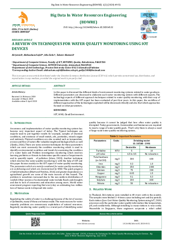 (PDF) A Review on Techniques for Water Quality Monitoring Using Iot Devices