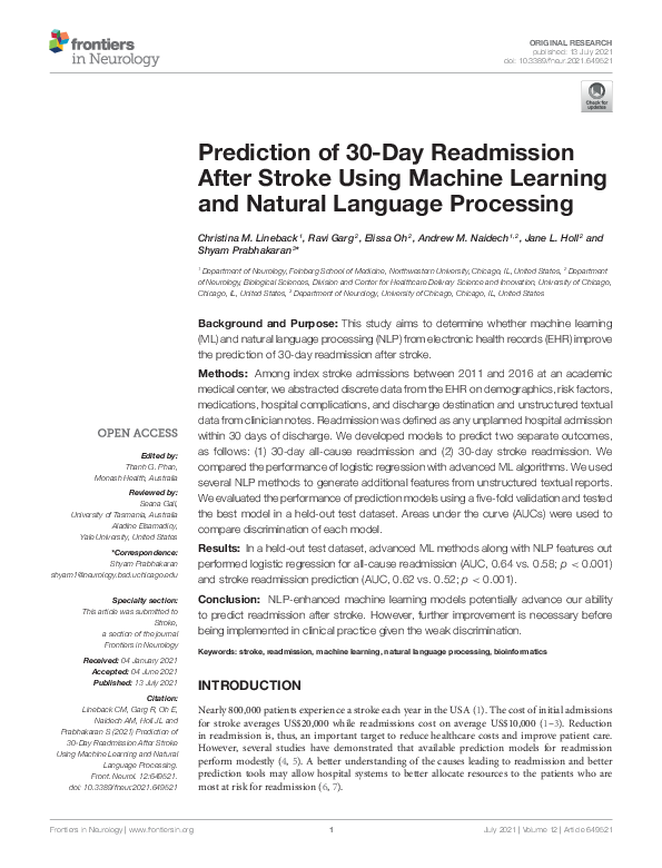(PDF) Prediction of 30-Day Readmission After Stroke Using Machine Learning and Natural Language ...
