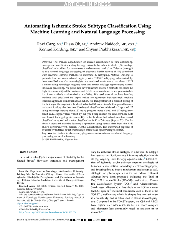 (PDF) Automating Ischemic Stroke Subtype Classification Using Machine Learning and Natural ...