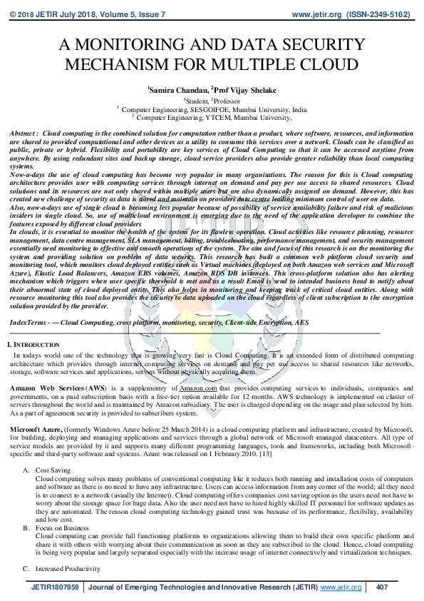 (PDF) A Monitoring and Data Security Mechanism for Multiple Cloud