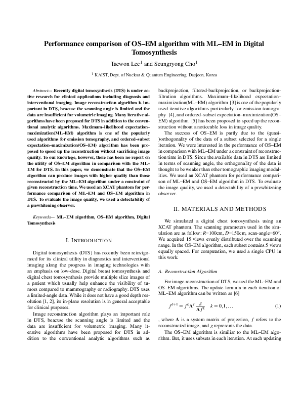 (PDF) Performance comparison of OS–EM algorithm with ML–EM in Digital Tomosynthesis