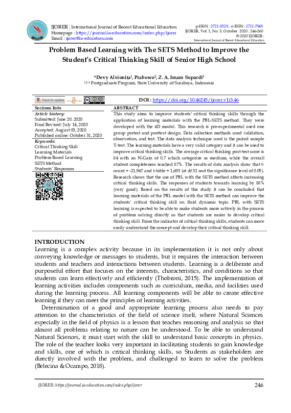 (PDF) Problem Based Learning With The SETS Method To Improve The Student’s Critical Thinking ...