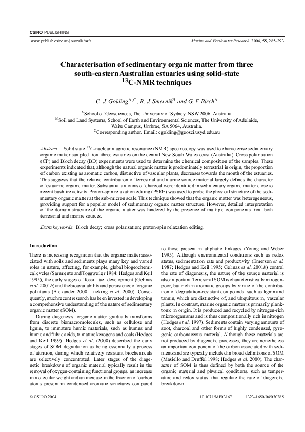 (PDF) Characterisation of sedimentary organic matter from three south-eastern Australian ...
