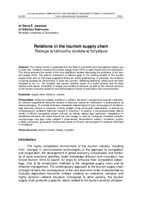 (PDF) Relations in the Tourism Supply Chain