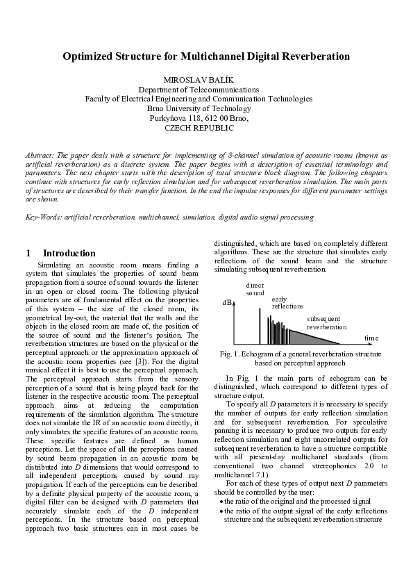 (PDF) Optimized Structure for Multichannel Digital Reverberation