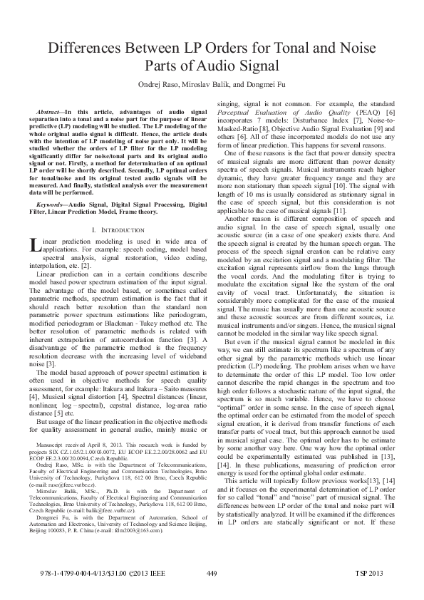 (PDF) Differences between LP orders for tonal and noise parts of audio ...