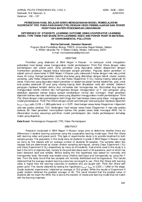 (PDF) Perbedaan Hasil Belajar Siswa Menggunakan Model Pembelajaran Kooperatif Tipe Think-Pair ...