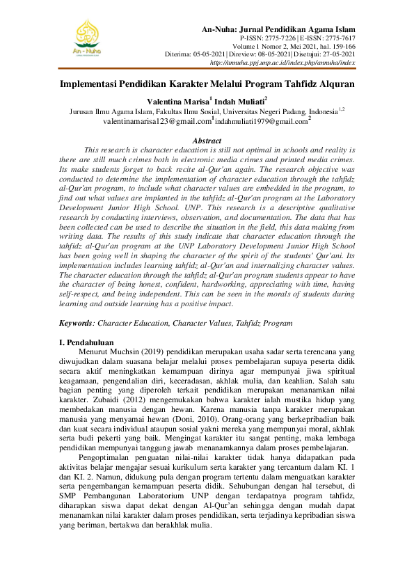 (PDF) Implementasi Pendidikan Karakter Melalui Program Tahfidz Al-Qur’an | Indah Muliati ...