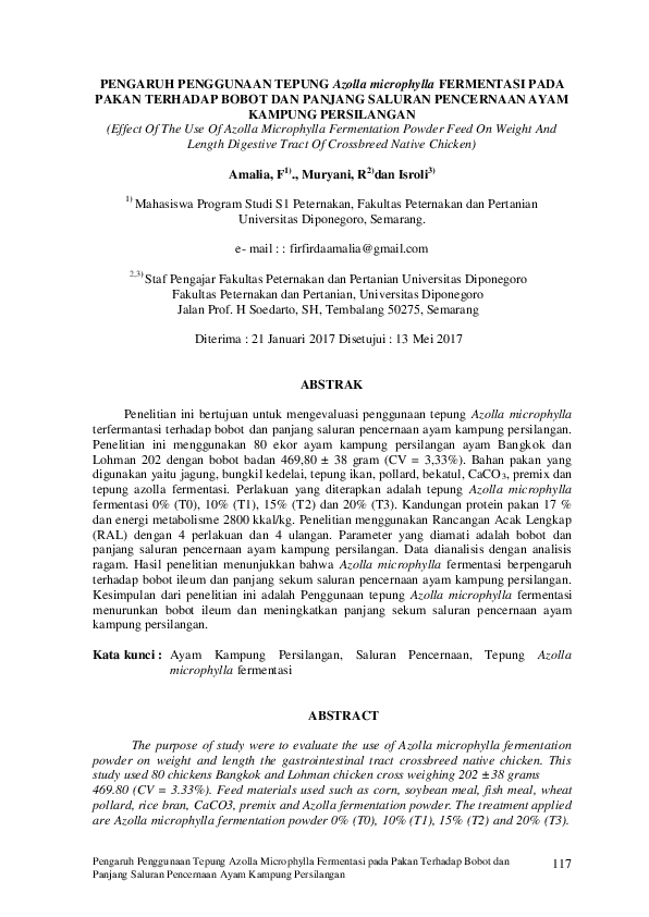 (PDF) Pengaruh Penggunaan Tepung Azolla Microphylla Fermentasi Pada Pakan Terhadap Bobot dan ...