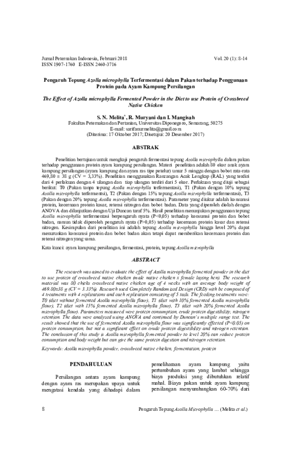 (PDF) Pengaruh Tepung Azolla microphylla Terfermentasi dalam Pakan terhadap Penggunaan Protein ...