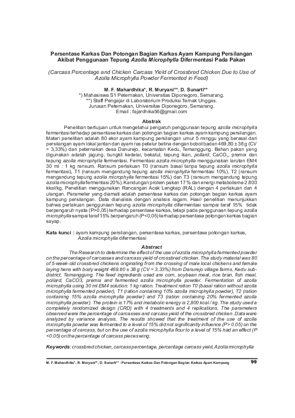 (PDF) Persentase Karkas Dan Potongan Bagian Karkas Ayam Kampung Persilangan Akibat Penggunaan ...