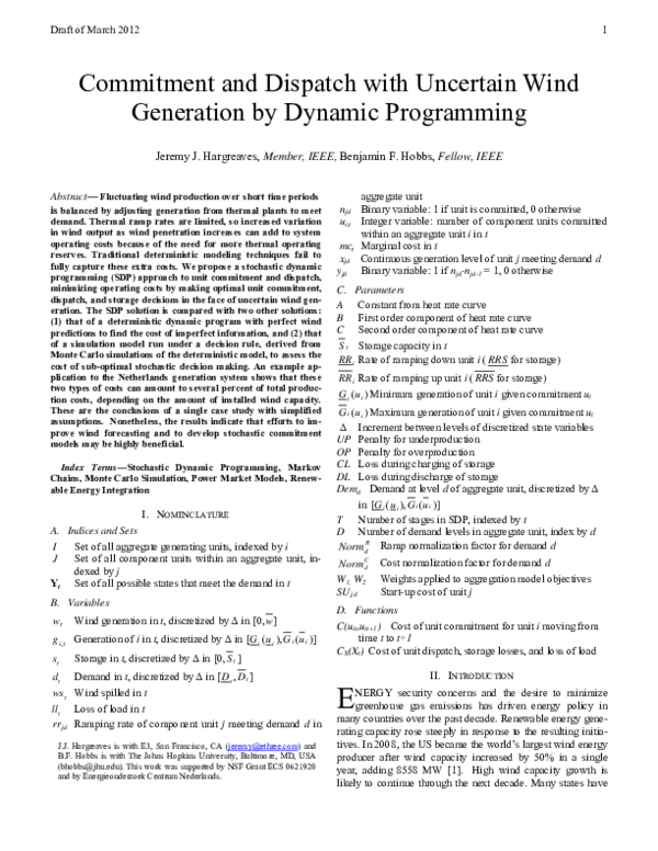 (PDF) Commitment and Dispatch With Uncertain Wind Generation by Dynamic Programming