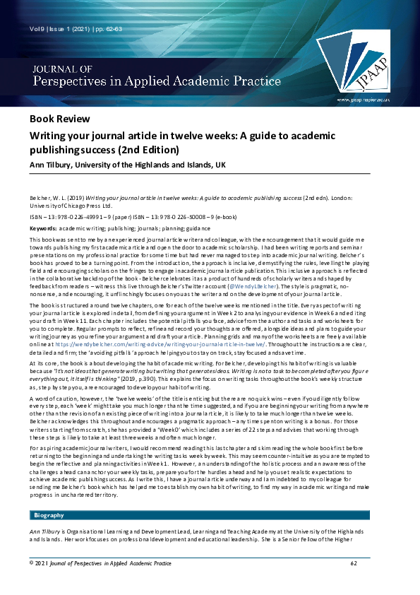 (PDF) Book Review: 'Writing your journal article in twelve weeks: A ...