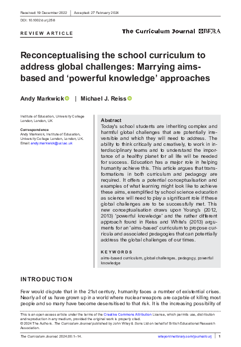(PDF) Reconceptualising the school curriculum to address global ...