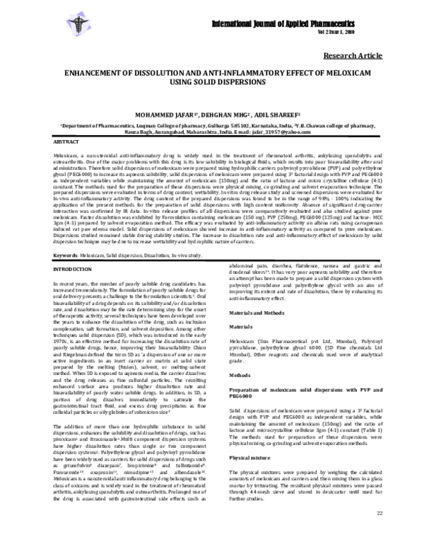 (PDF) ENHANCEMENT OF DISSOLUTION AND ANTIINFLAMMATORY EFFECT OF MELOXICAM USING SOLID DISPERSIONS