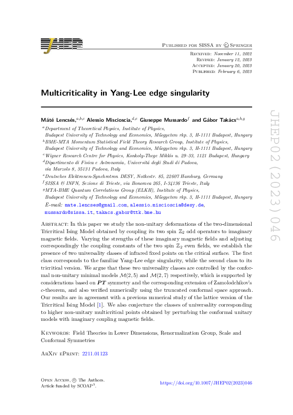 (PDF) Multicriticality in Yang-Lee edge singularity