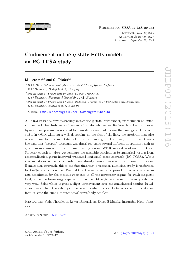 (PDF) Confinement in the q-state Potts model: an RG-TCSA study