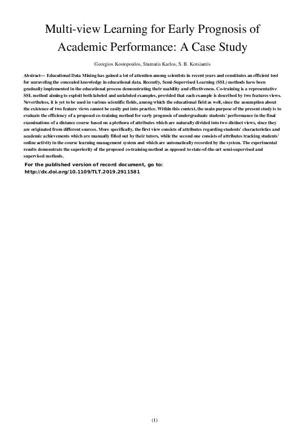 (PDF) Multiview Learning for Early Prognosis of Academic Performance: A Case Study