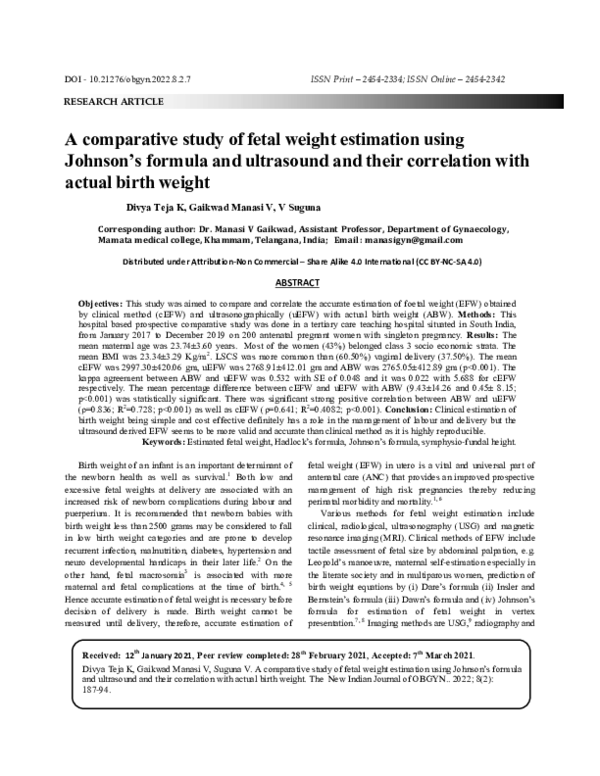 (PDF) A comparative study of fetal weight estimation using Johnson’s ...