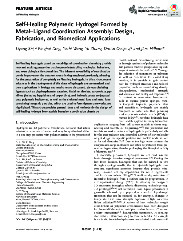 (PDF) Self‐Healing Polymeric Hydrogel Formed by Metal–Ligand Coordination Assembly: Design ...