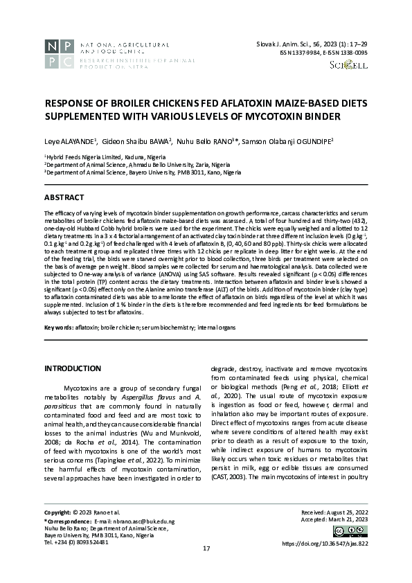 (PDF) Response of Broiler Chickens Fed Aflatoxin Maize-Based Diets ...