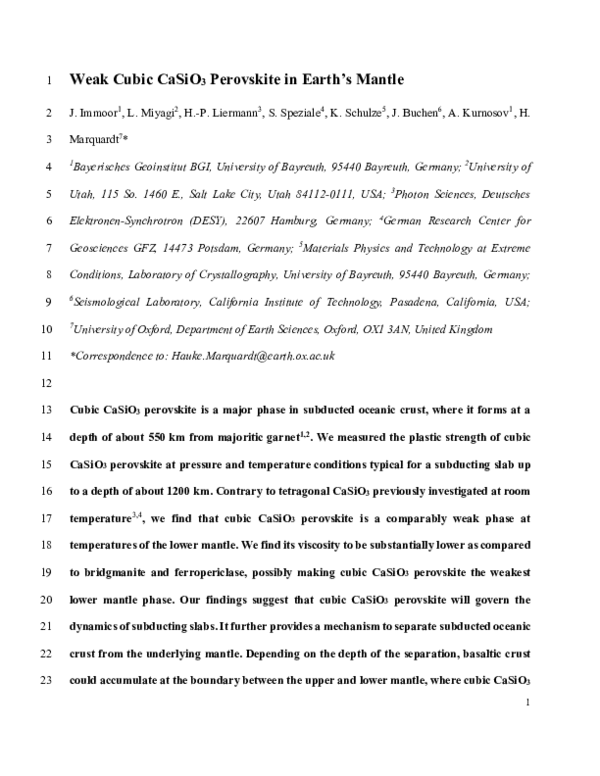 (PDF) Weak cubic CaSiO3 perovskite in the Earth’s mantle
