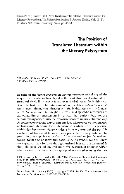(PDF) The Position of Translated Literature within the Literary Polysystem