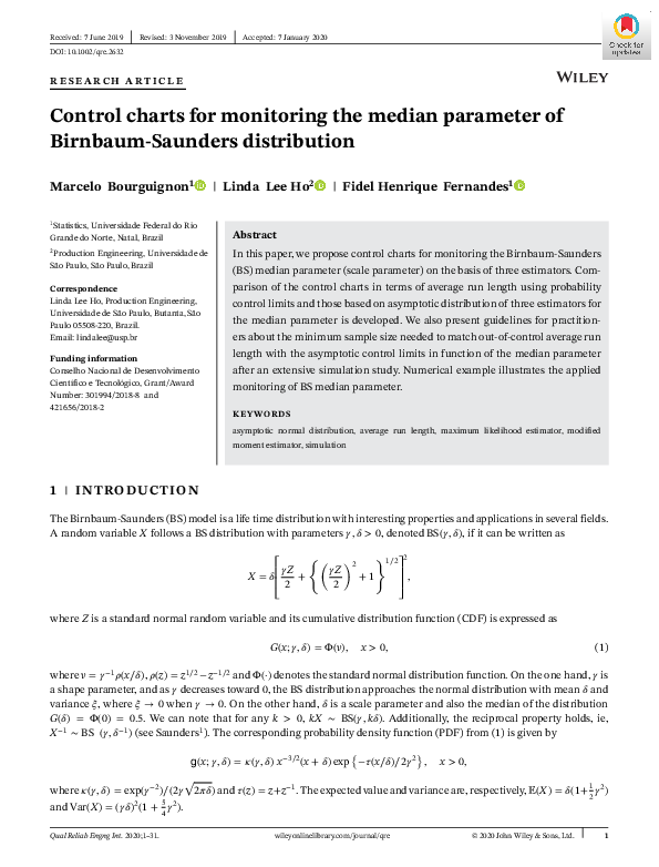 Pdf Control Charts For Monitoring The Median Parameter Of Birnbaum‐saunders Distribution