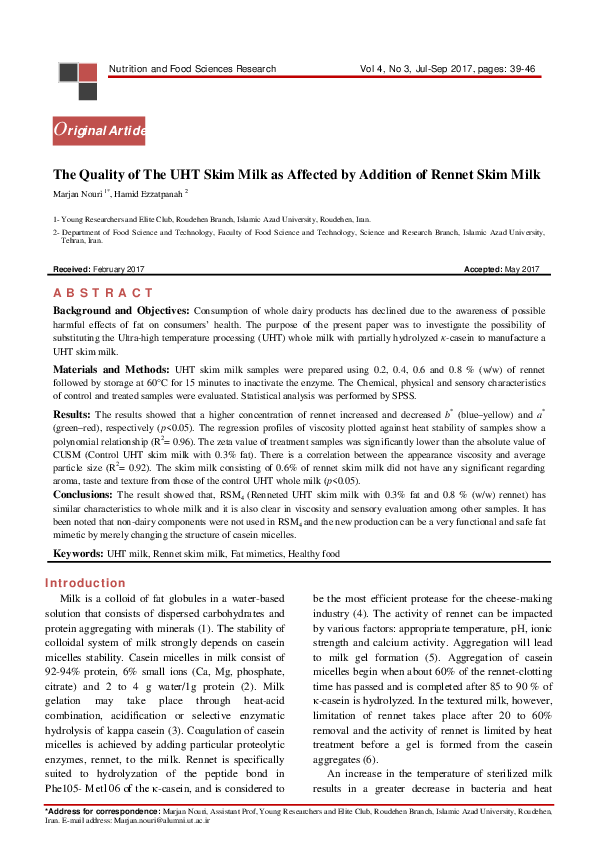 (PDF) The Quality of The UHT Skim Milk as Affected by Addition of ...