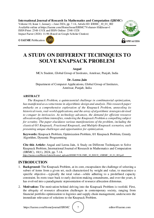 (PDF) A STUDY ON DIFFERENT TECHNIQUES TO SOLVE KNAPSACK PROBLEM (PDF) A STUDY ON DIFFERENT TECHNIQUES TO SOLVE KNAPSACK PROBLEM